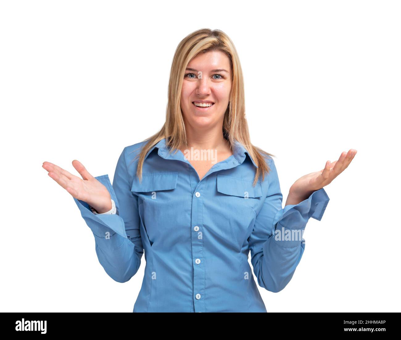 Young woman spread her arms in different directions isolated on white ...