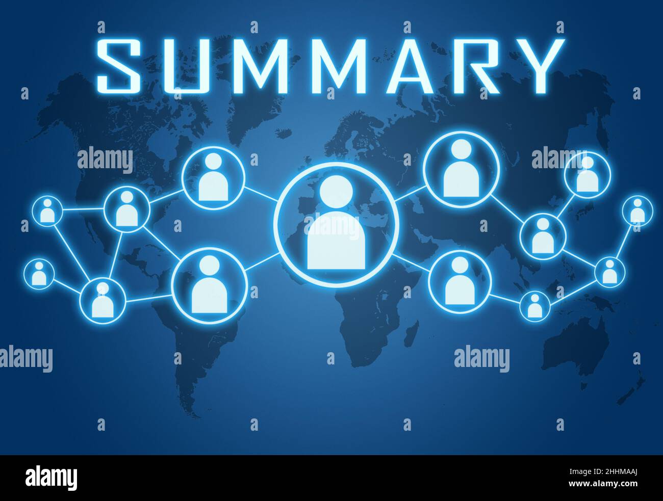 Summary - text concept on blue background with world map and social ...