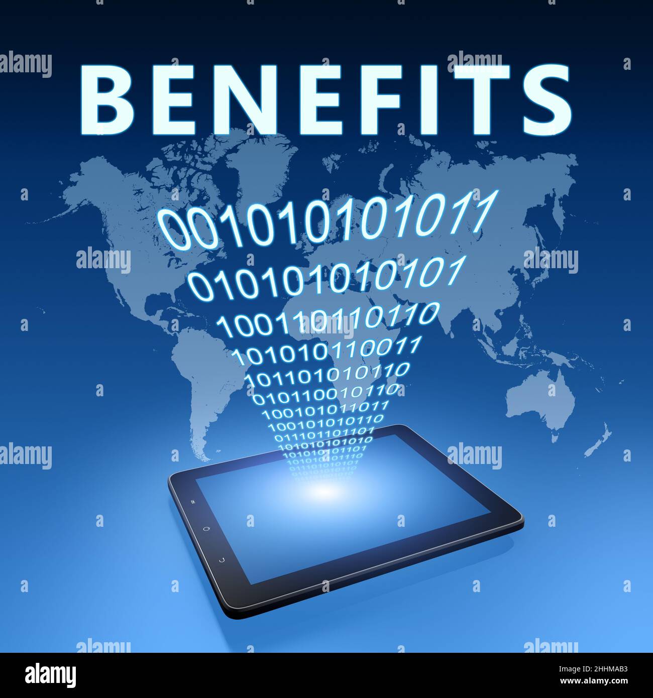 Benefits - text concept with tablet computer on blue wolrd map ...