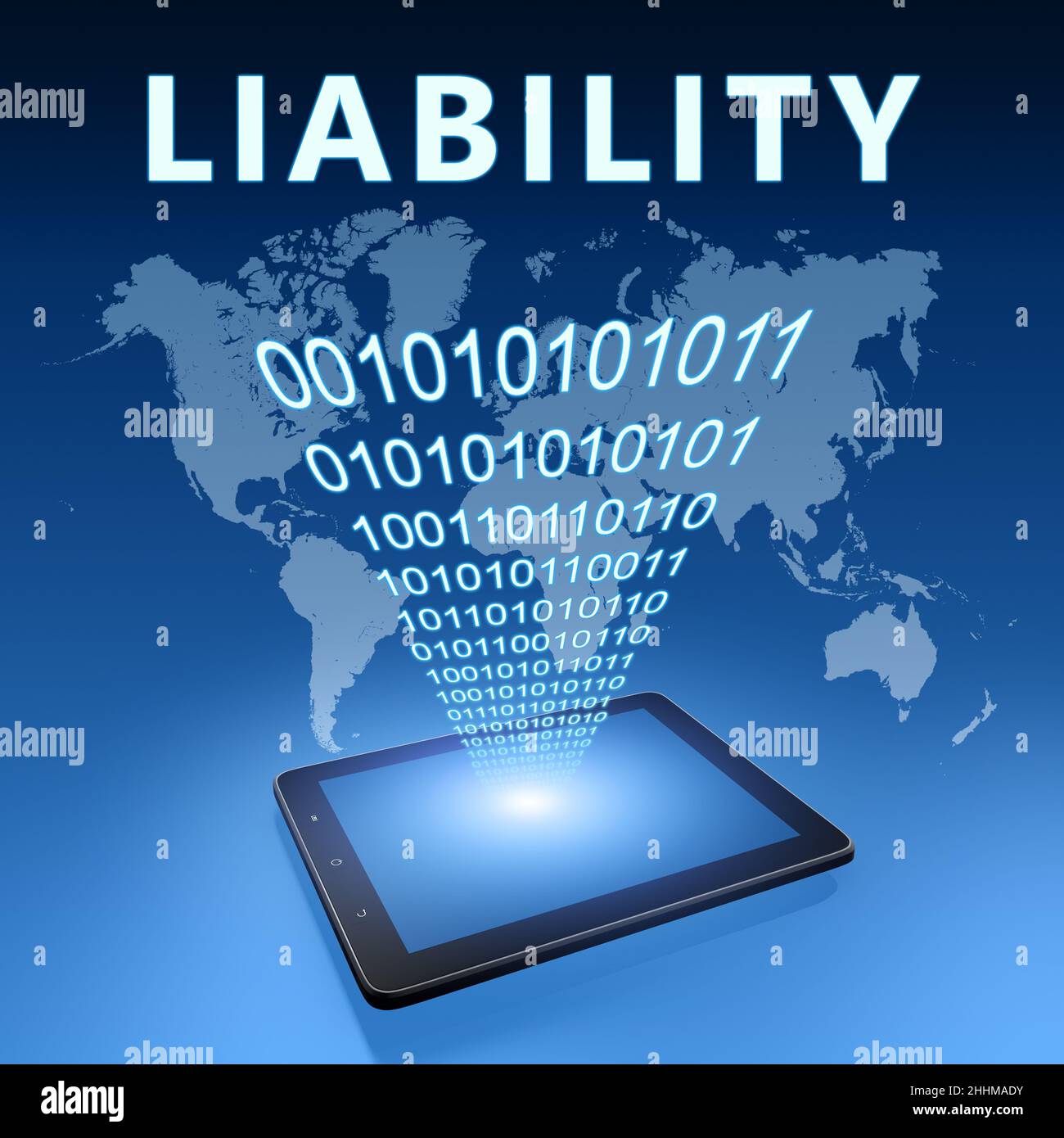 Liability - text concept with tablet computer on blue wolrd map ...