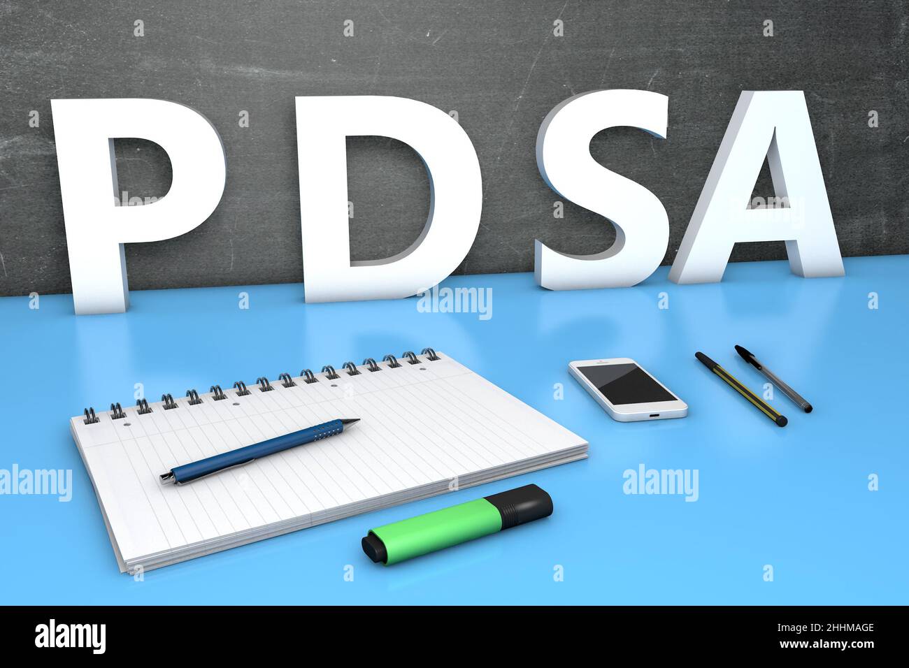PDSA - Plan Do Study Act - text concept with chalkboard, notebook, pens ...