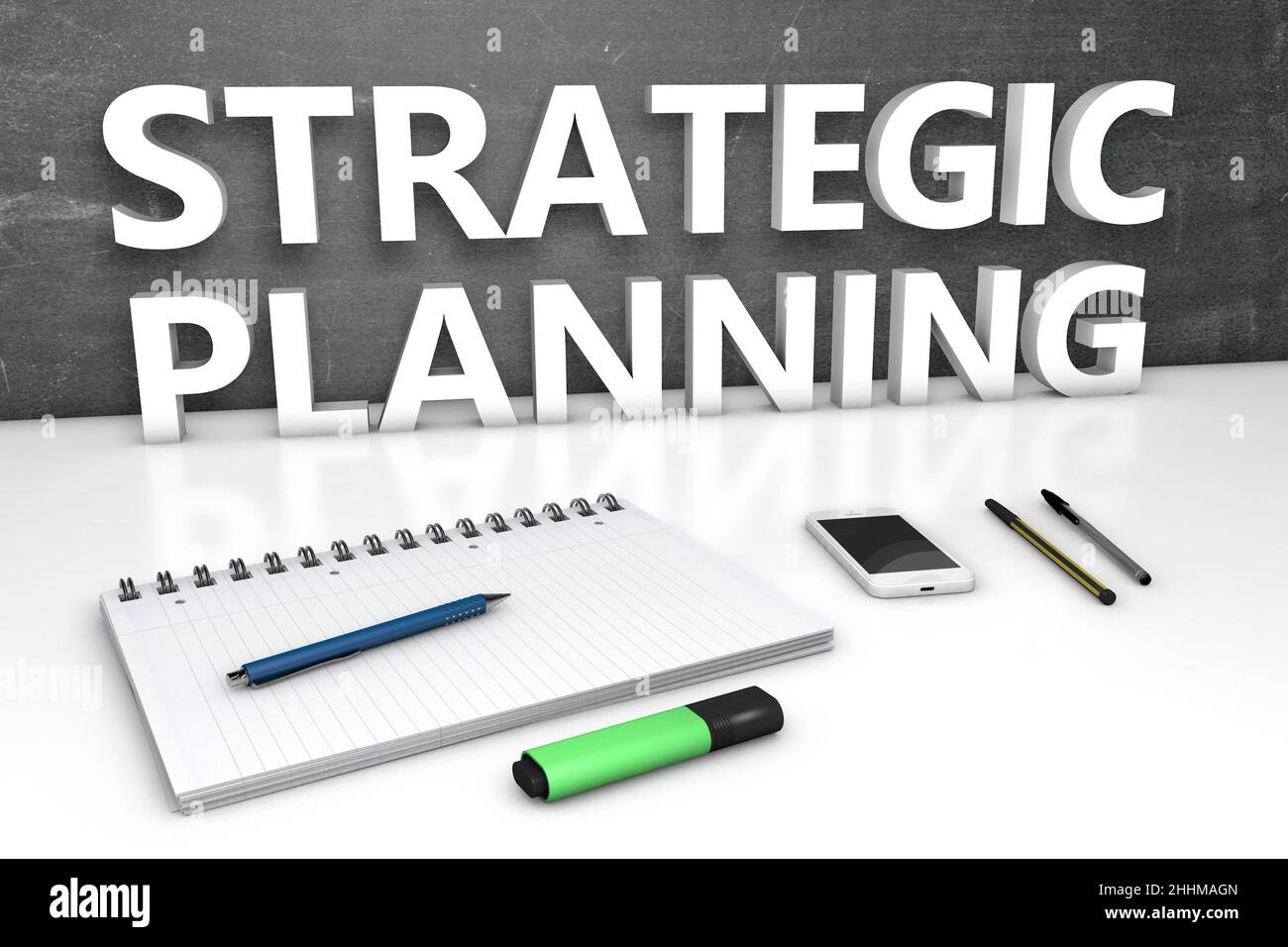 Strategic Planning - text concept with chalkboard, notebook, pens and ...