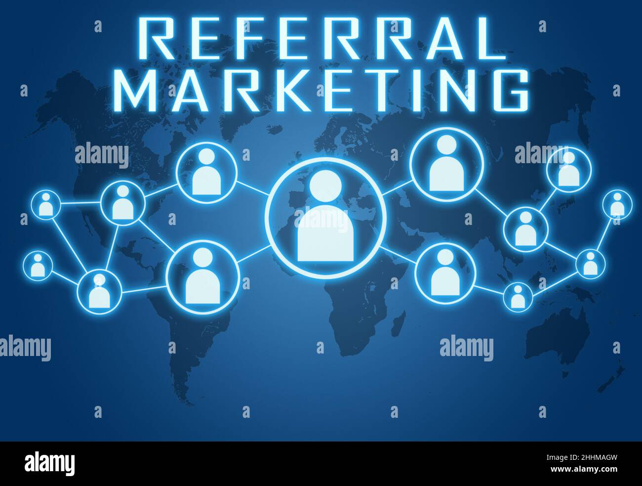 Referral Marketing - text concept on blue background with world map and ...