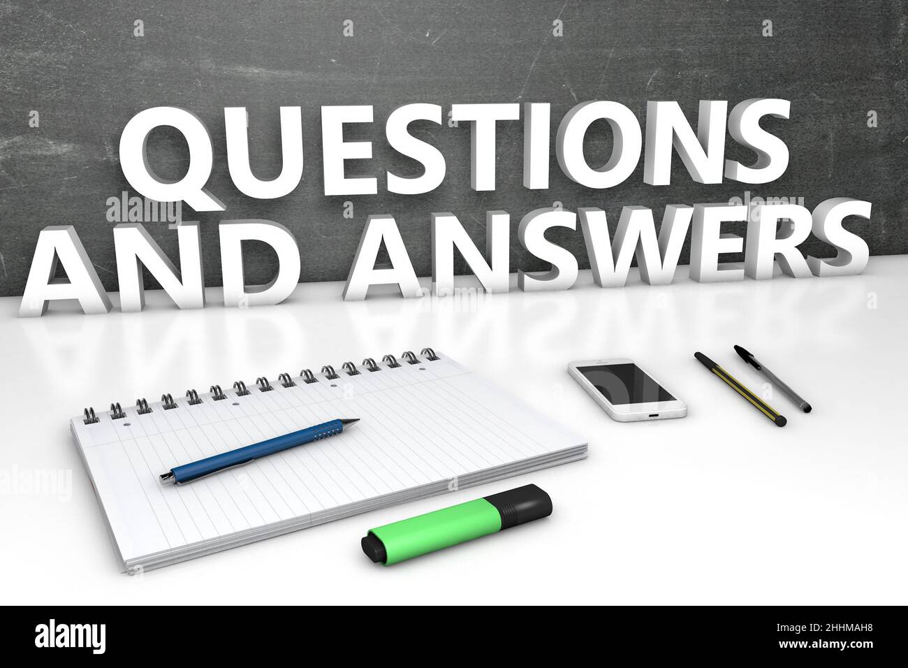 Questions and Answers - text concept with chalkboard, notebook, pens ...
