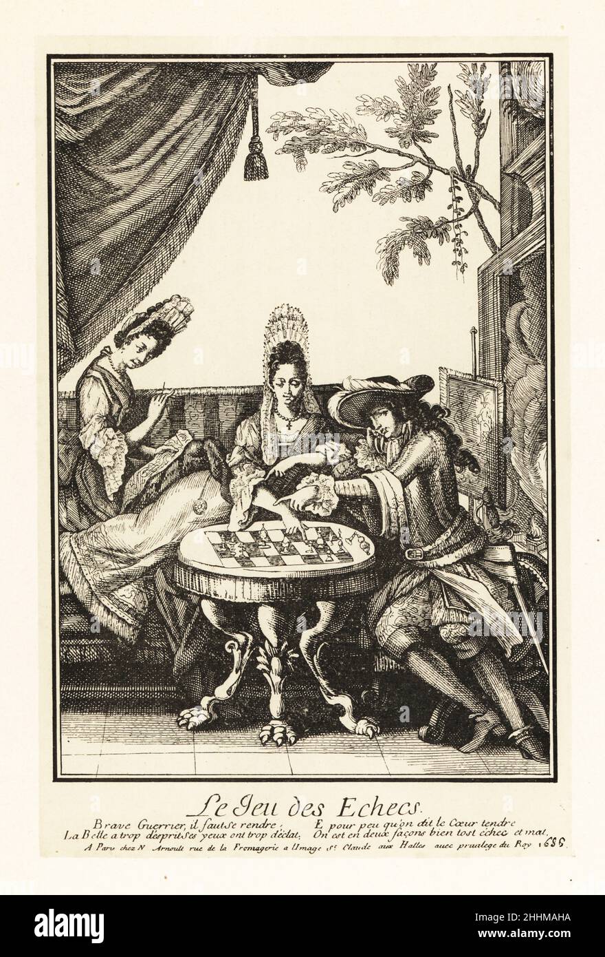 A French noble woman and fop playing a game of chess, 1686. Another ...