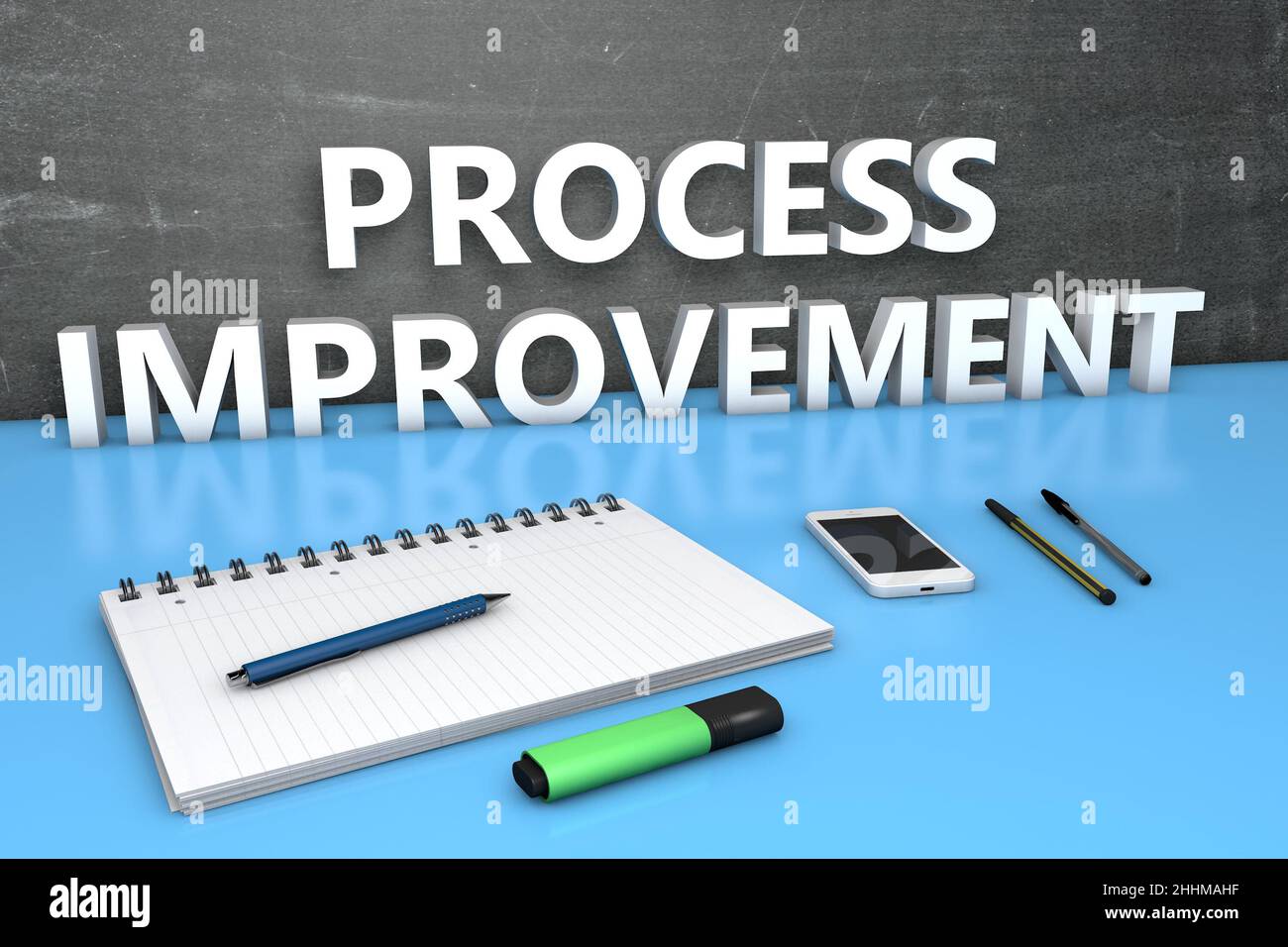 Process Improvement - text concept with chalkboard, notebook, pens and ...
