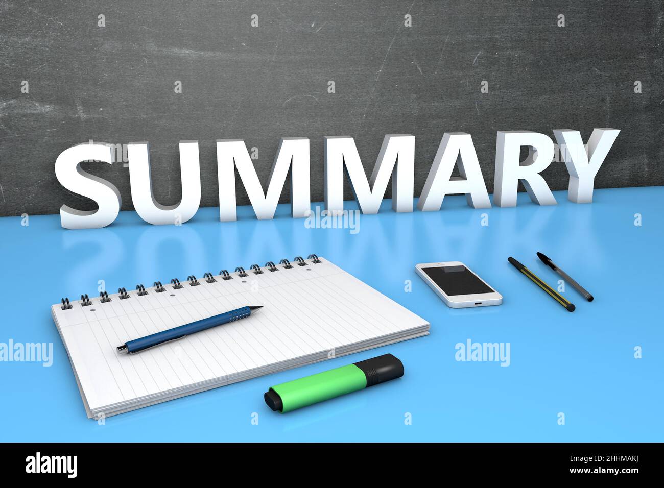 Summary - text concept with chalkboard, notebook, pens and mobile phone ...