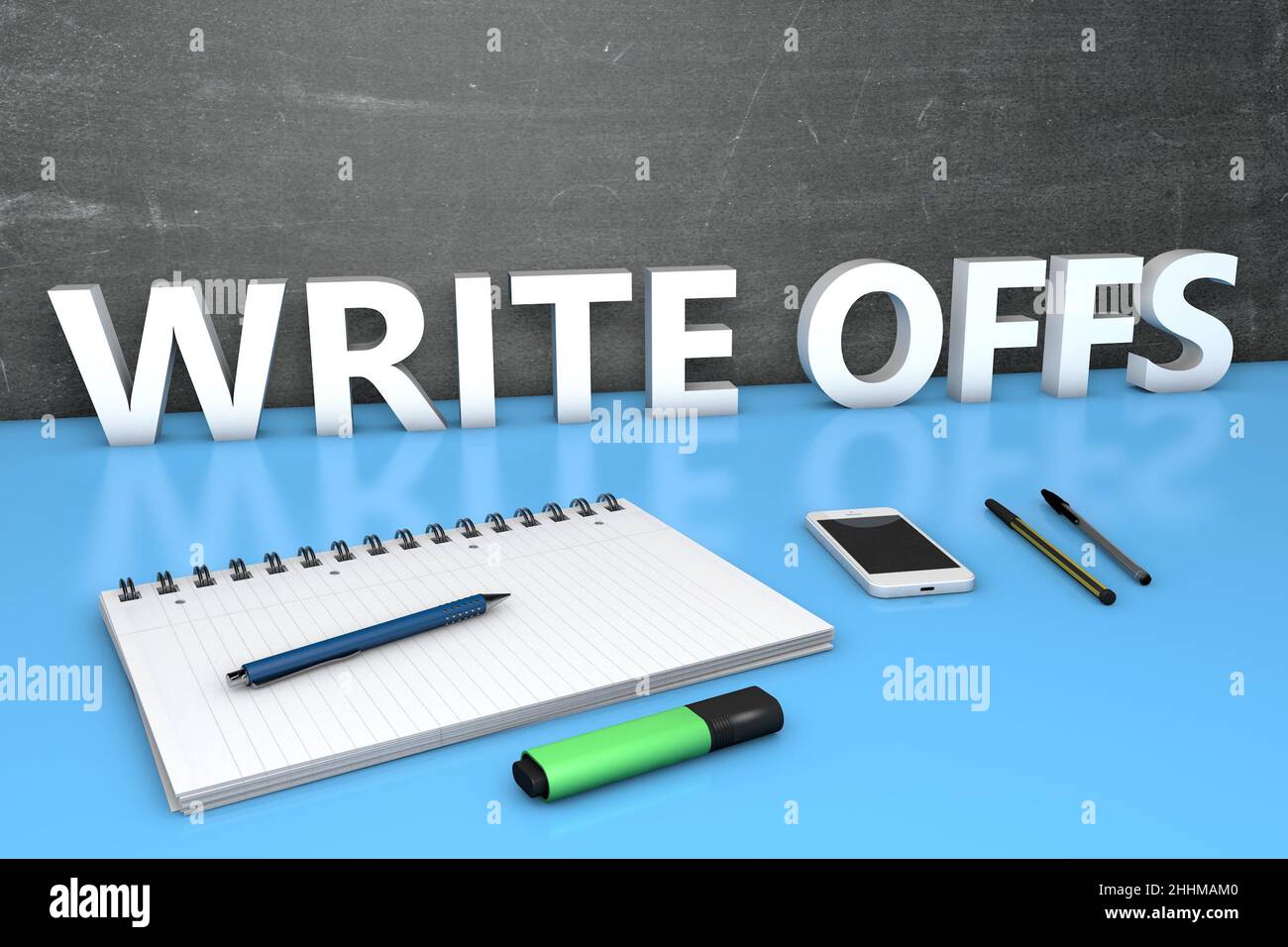 Write offs - text concept with chalkboard, notebook, pens and mobile ...