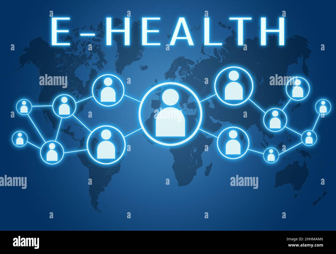 E-Health - text concept on blue background with world map and social ...