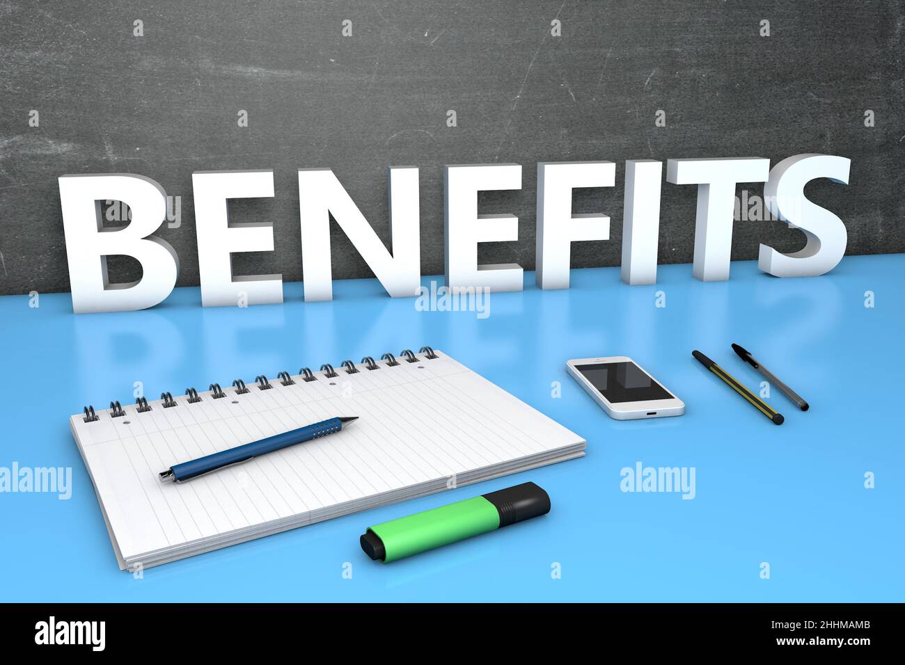 Benefits - text concept with chalkboard, notebook, pens and mobile ...