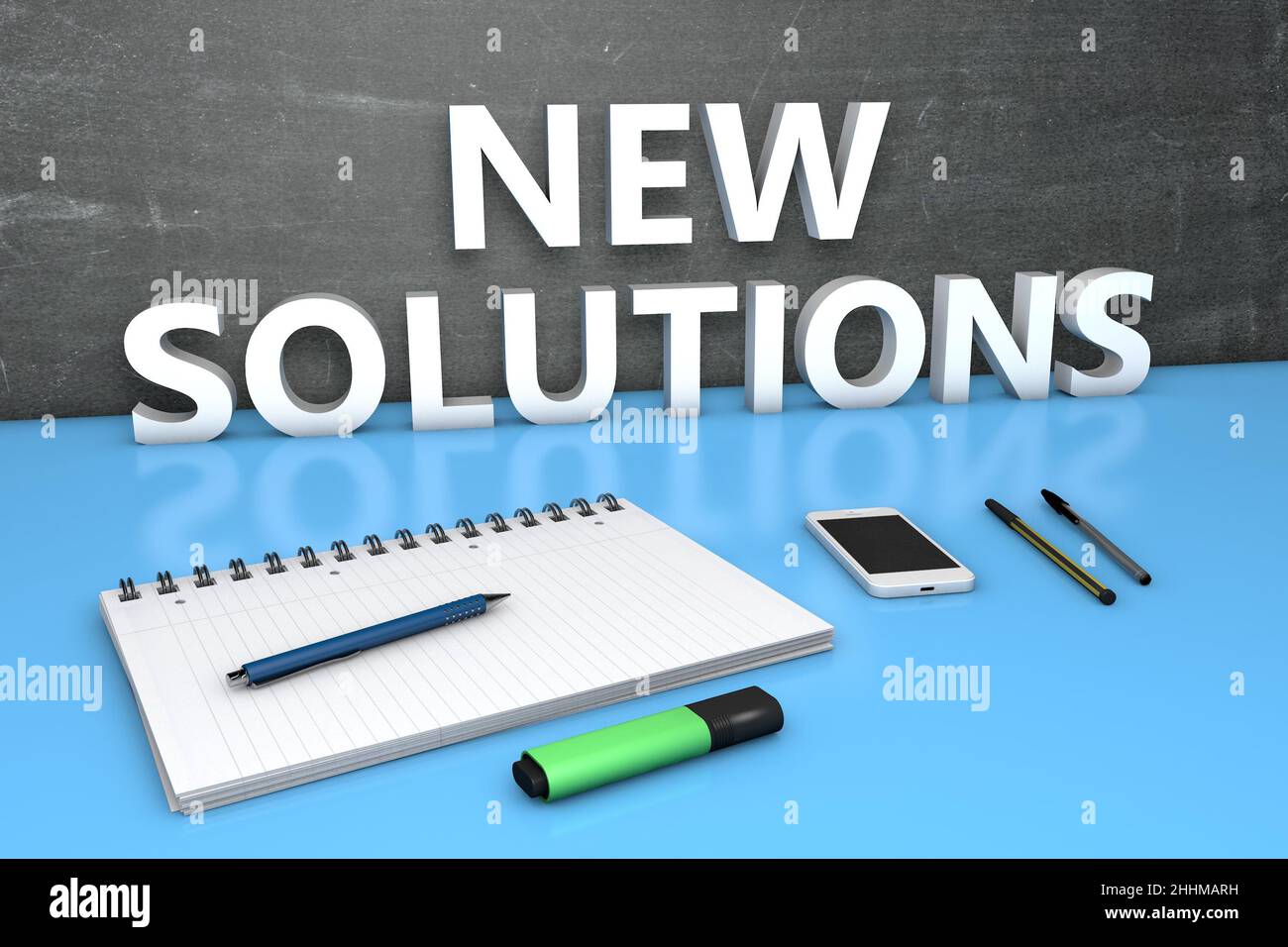 New Solutions - text concept with chalkboard, notebook, pens and mobile ...