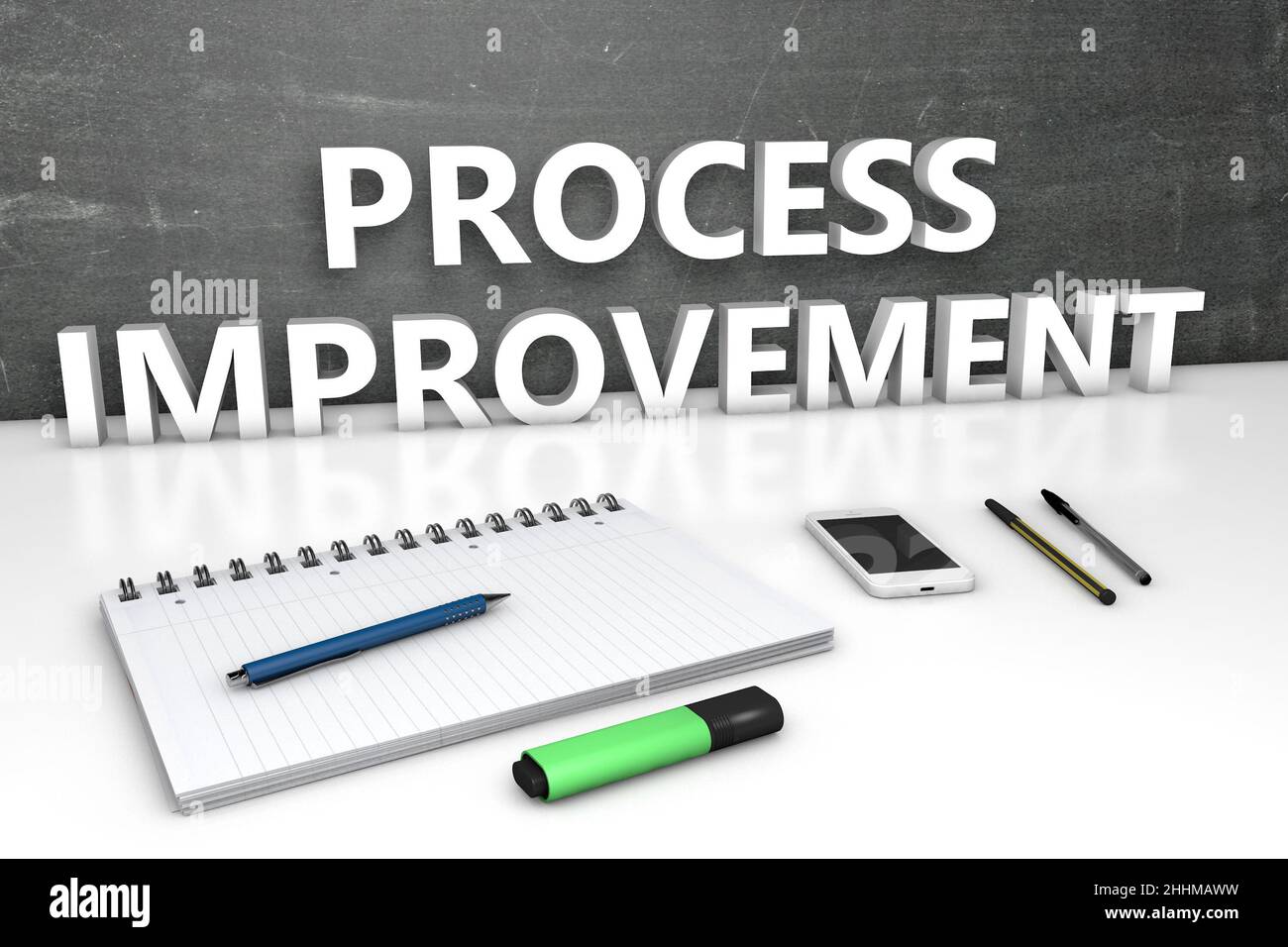 Process Improvement - text concept with chalkboard, notebook, pens and ...