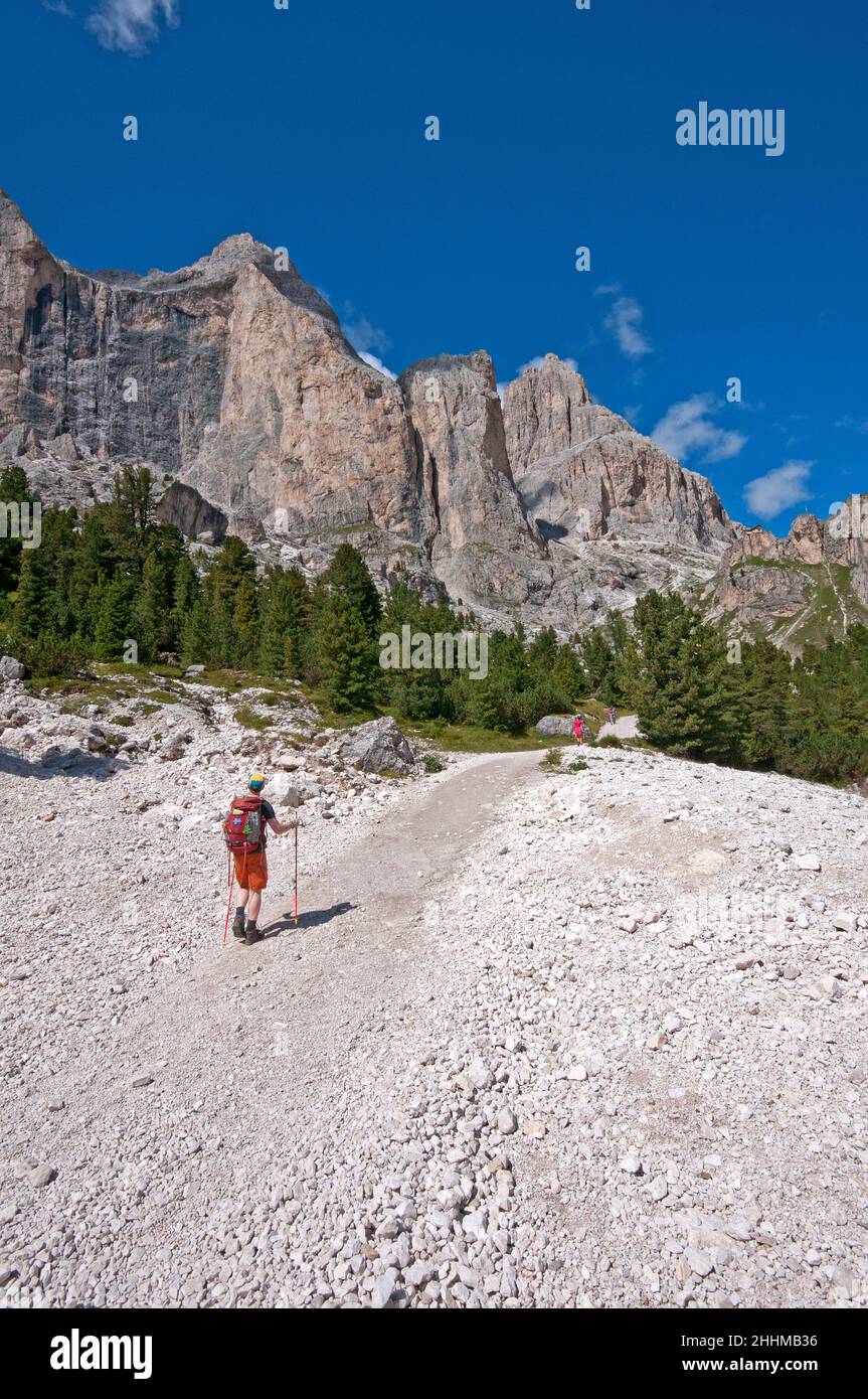 Hiking in Vajolet Valley with view of Catinaccio mountains group and ...