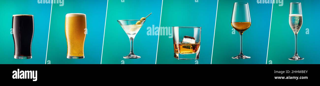 Horizontal flyer with set of glasses with different alcoholic drinks ...