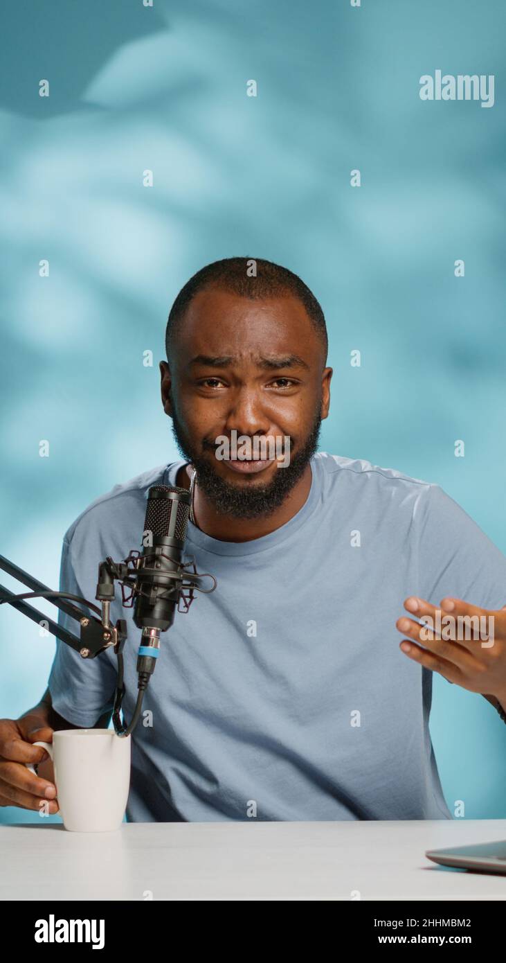 POV of influencer recording vlog and talking to subscribers on camera ...