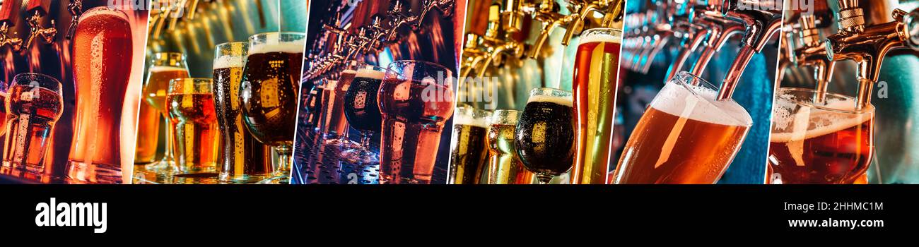 Collage. Glasses of dark and light beer, ale, lager, stout, porter in ...