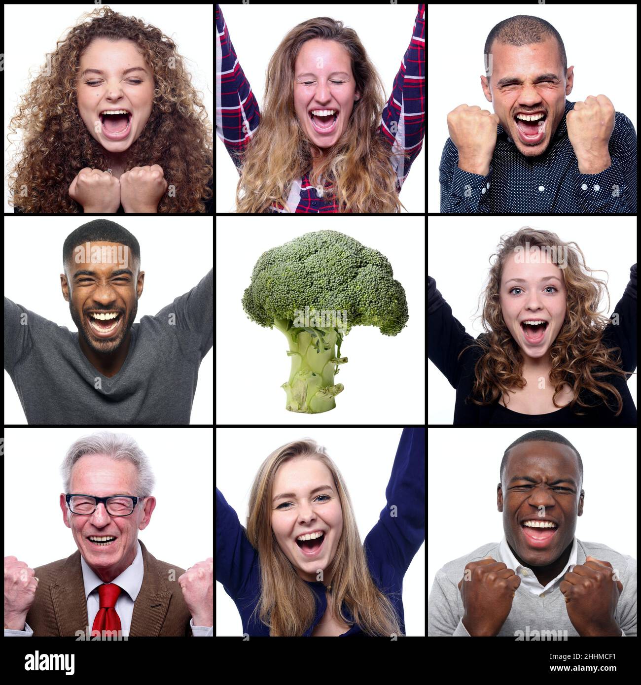 Cheerful people surrounded with healthy food Stock Photo - Alamy