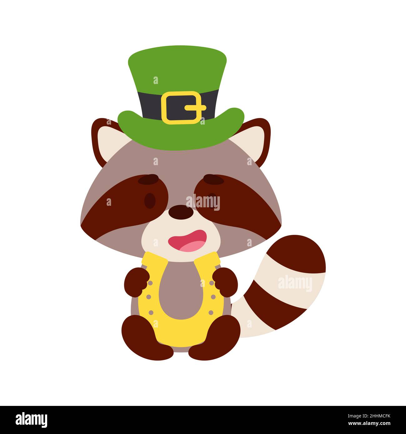 Cute raccoon St. Patrick's Day leprechaun hat holds horseshoe. Irish ...