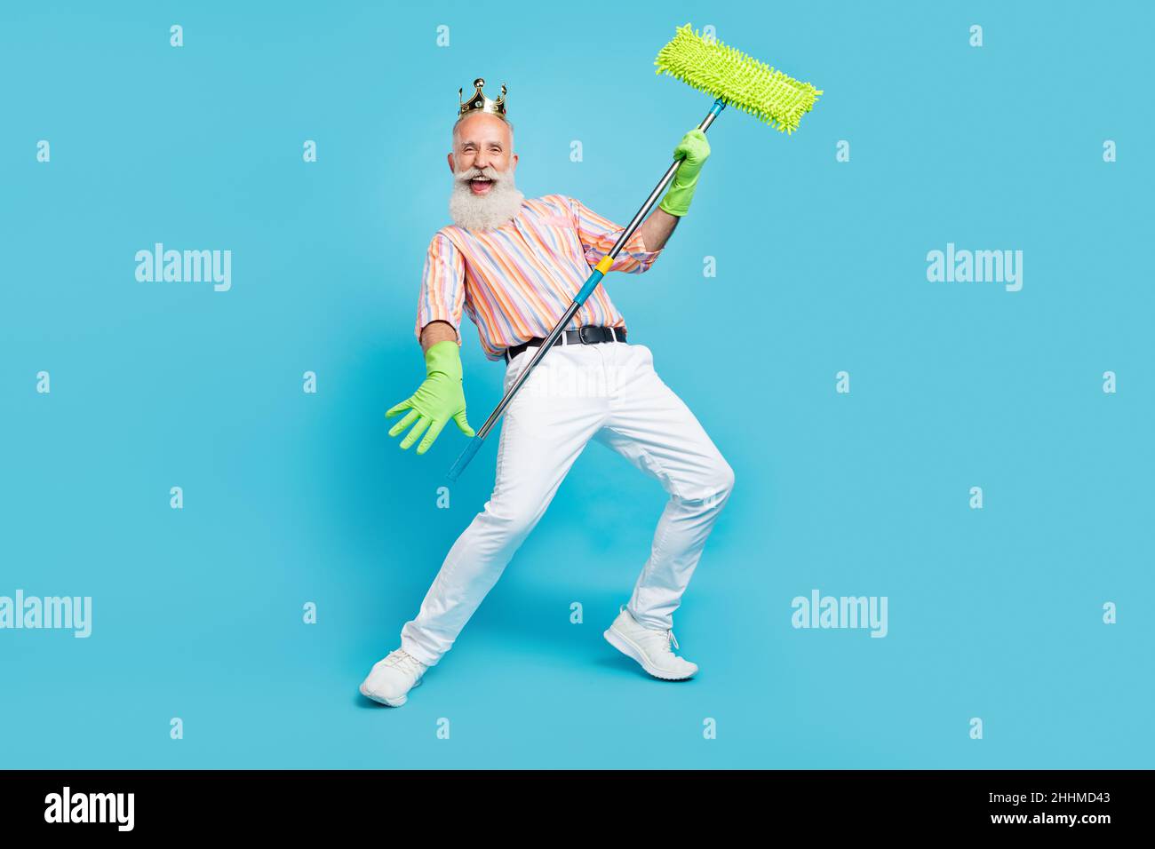 Full size photo of aged man happy positive smile cleaning service mop ...