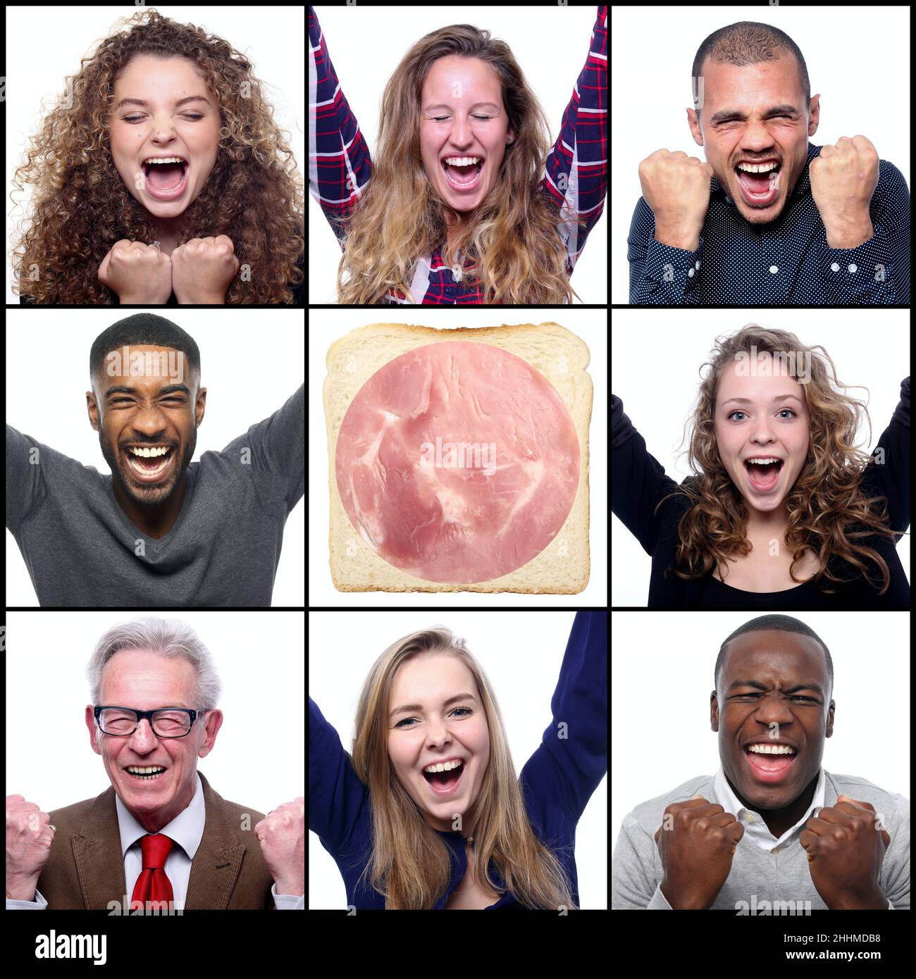 Cheerful people surrounded with healthy food Stock Photo - Alamy
