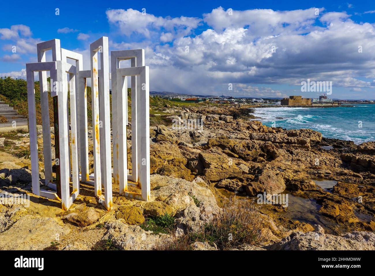 Marble sculpture and The old castle at the town of Paphos, Pafos ...