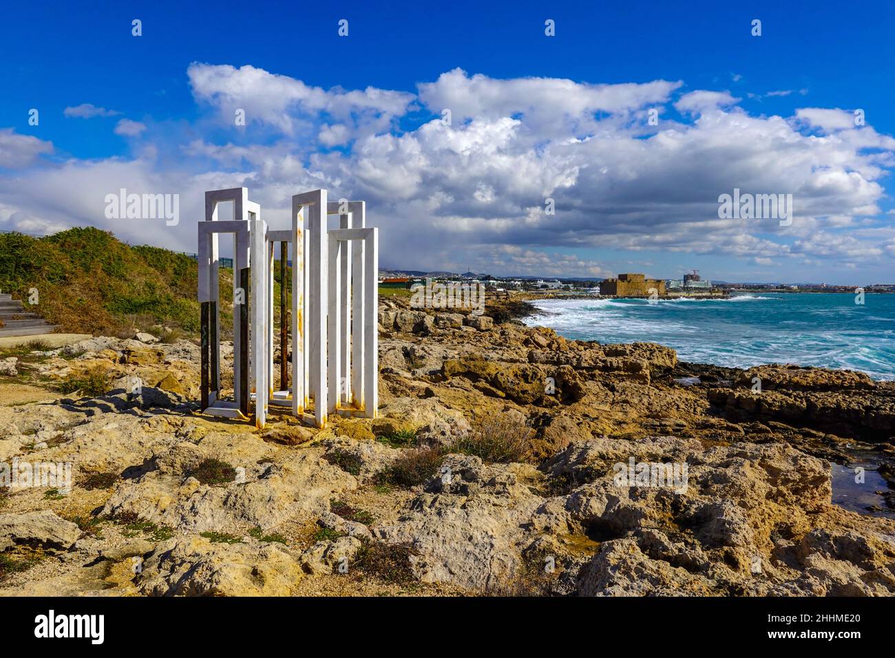 Marble sculpture and The old castle at the town of Paphos, Pafos ...