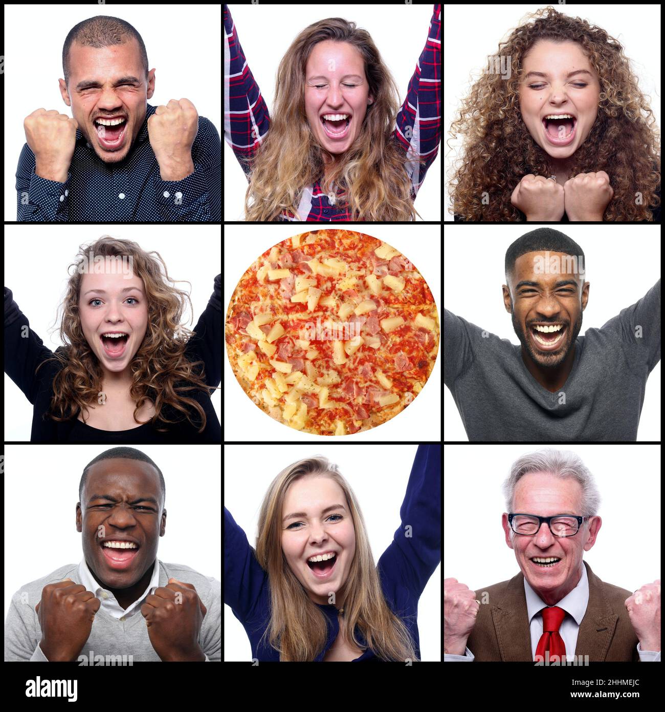 Cheerful people surrounded with healthy food Stock Photo - Alamy
