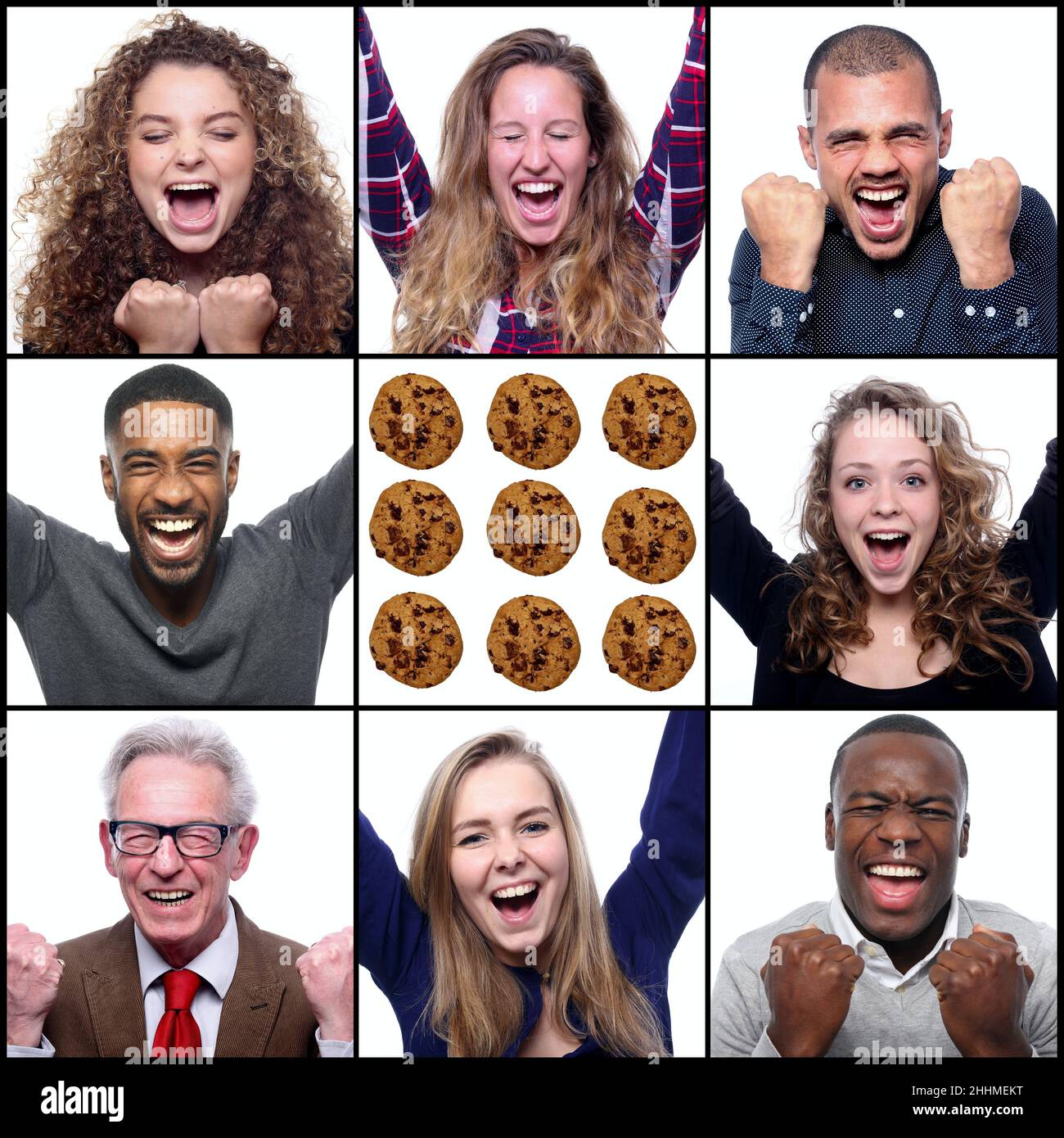 Cheerful people surrounded with healthy food Stock Photo - Alamy