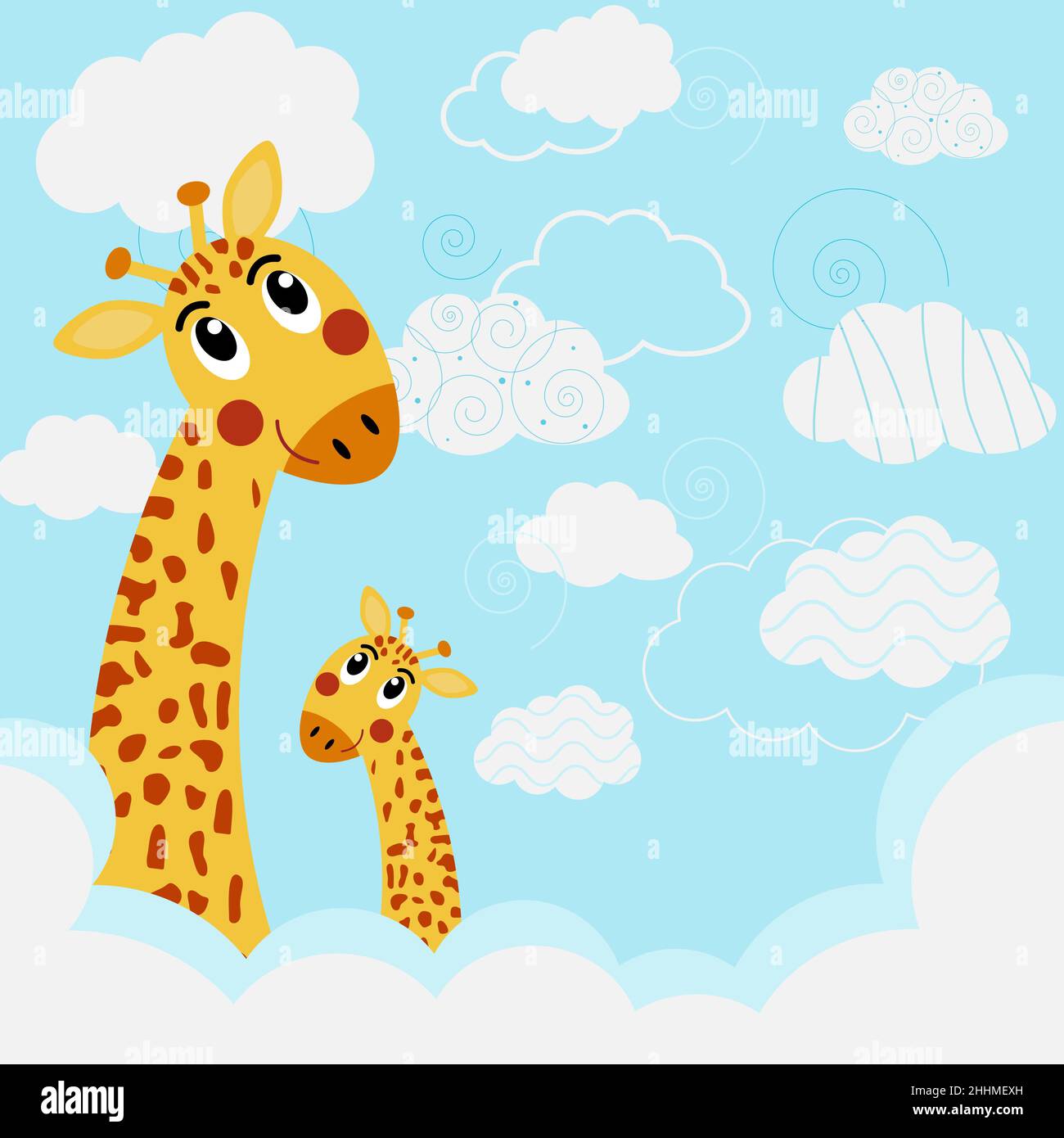 Cartoon vector of mother and baby giraffes above clouds Stock Vector ...