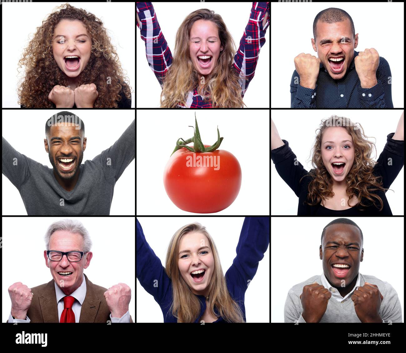 Cheerful people surrounded with healthy food Stock Photo - Alamy