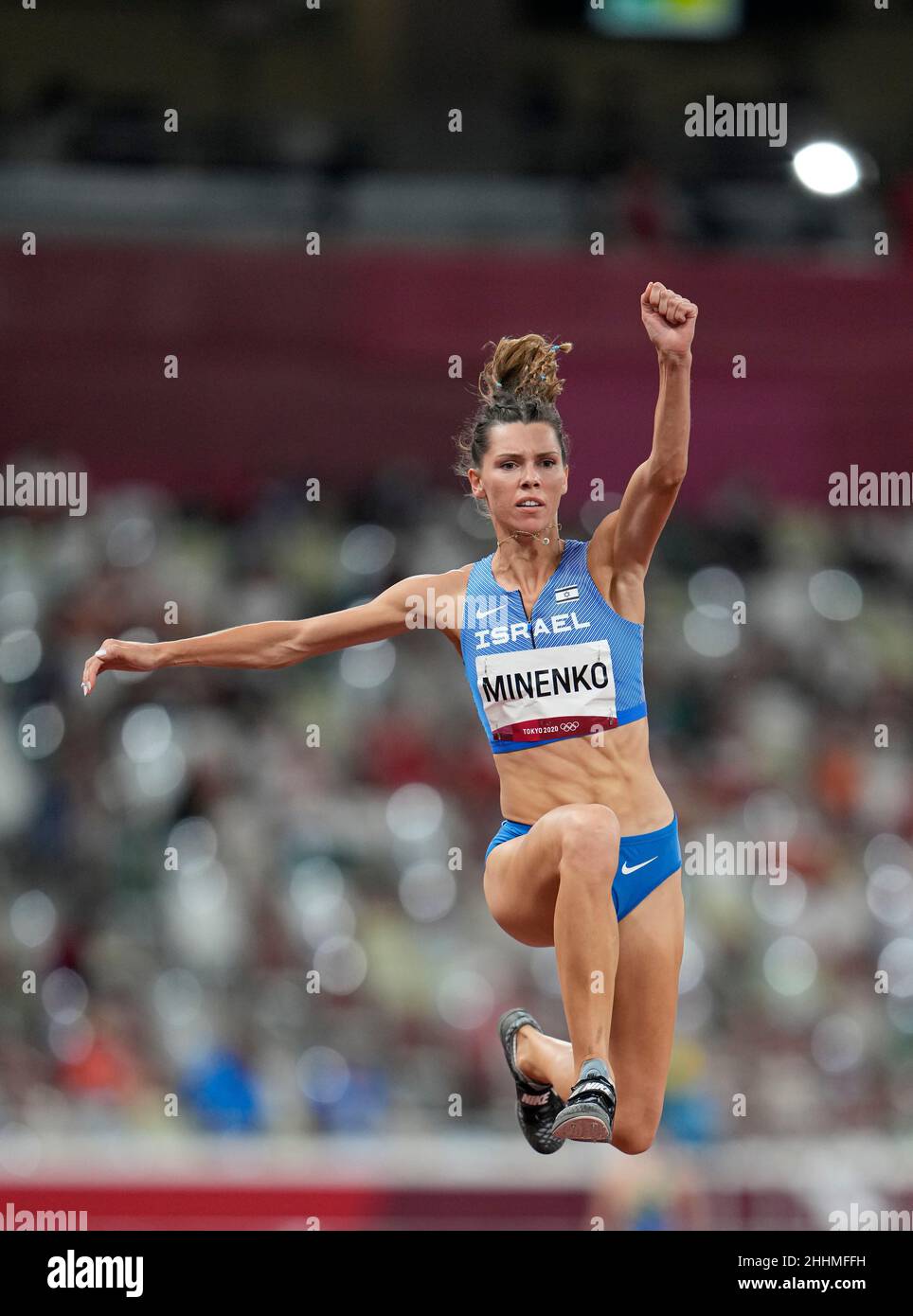 Hanna Minenko competing in the Triple Jump at the 2020 Tokyo Olympics ...