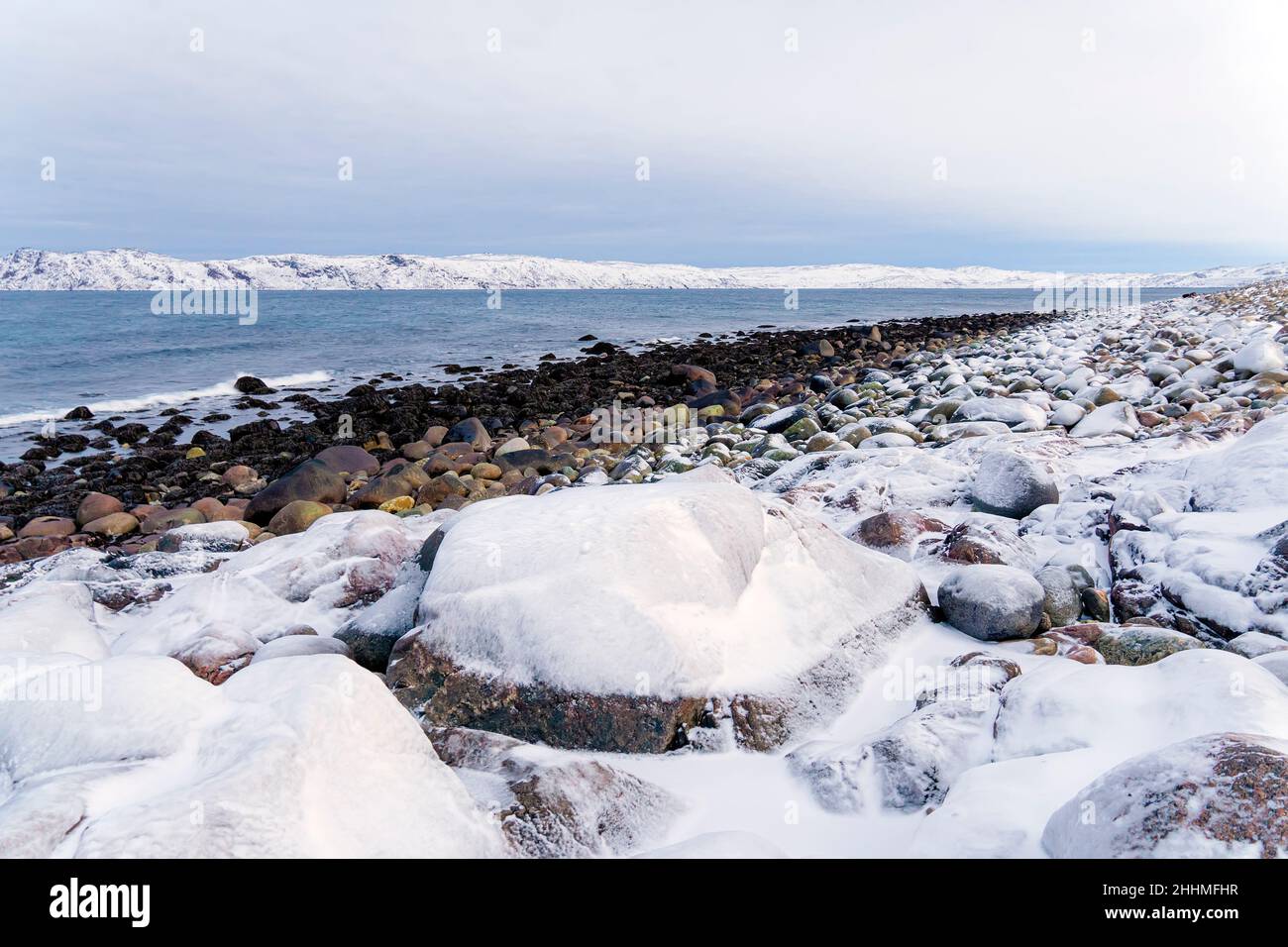 natural attractions of the Barents sea coast. Round large stones on the ...