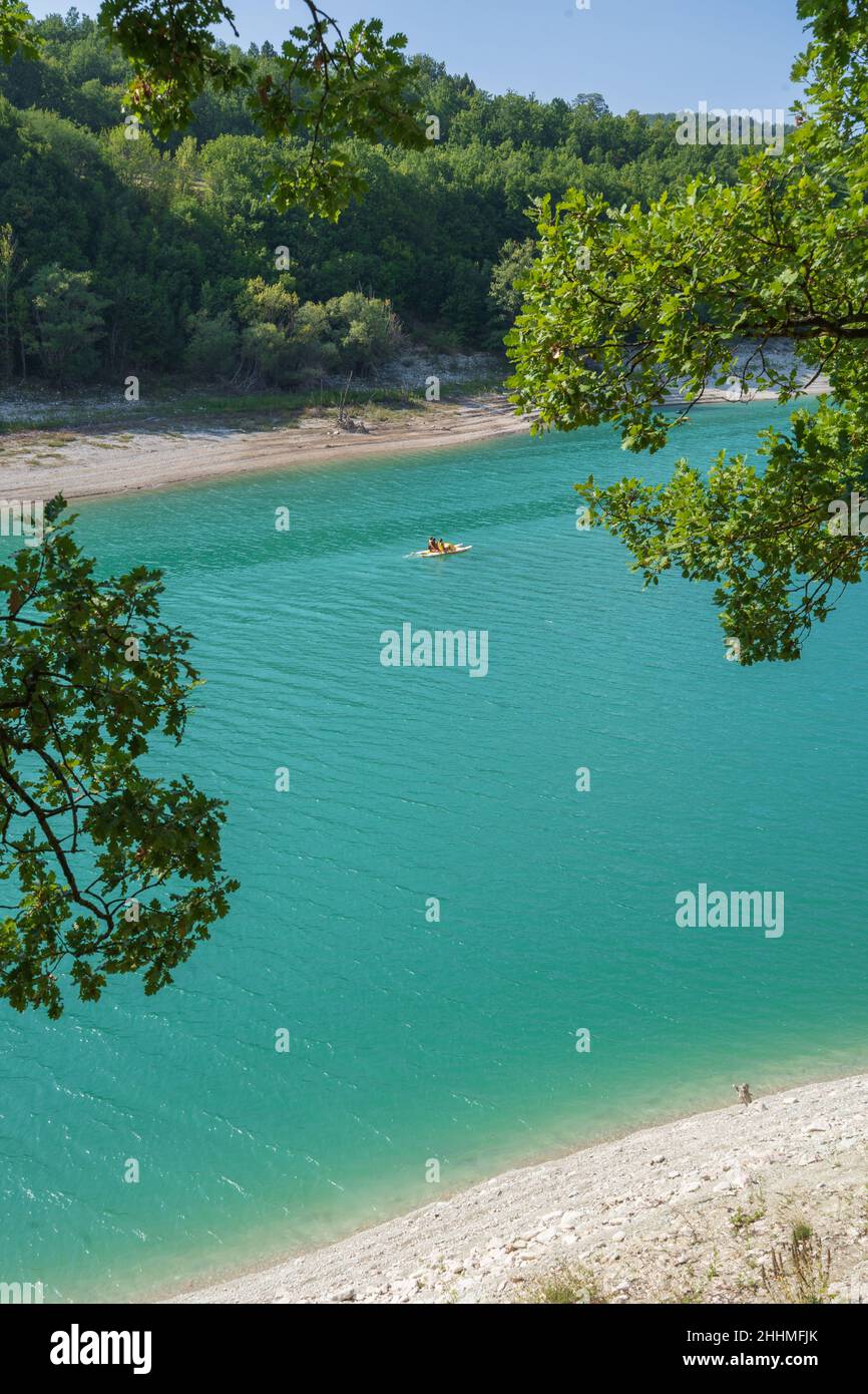 Bathers with the Pedalo 'on Lake Fiastra, Fiastra, Marche, Italy ...