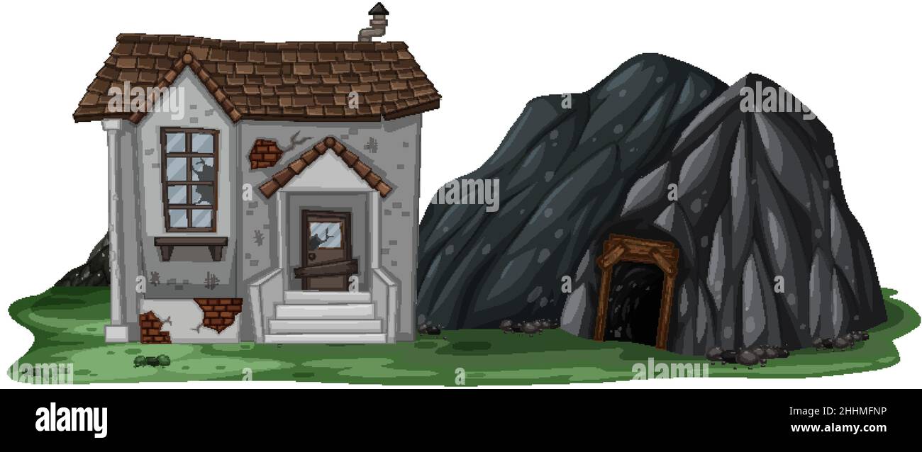 An abandoned house with a rock cave on white background illustration ...