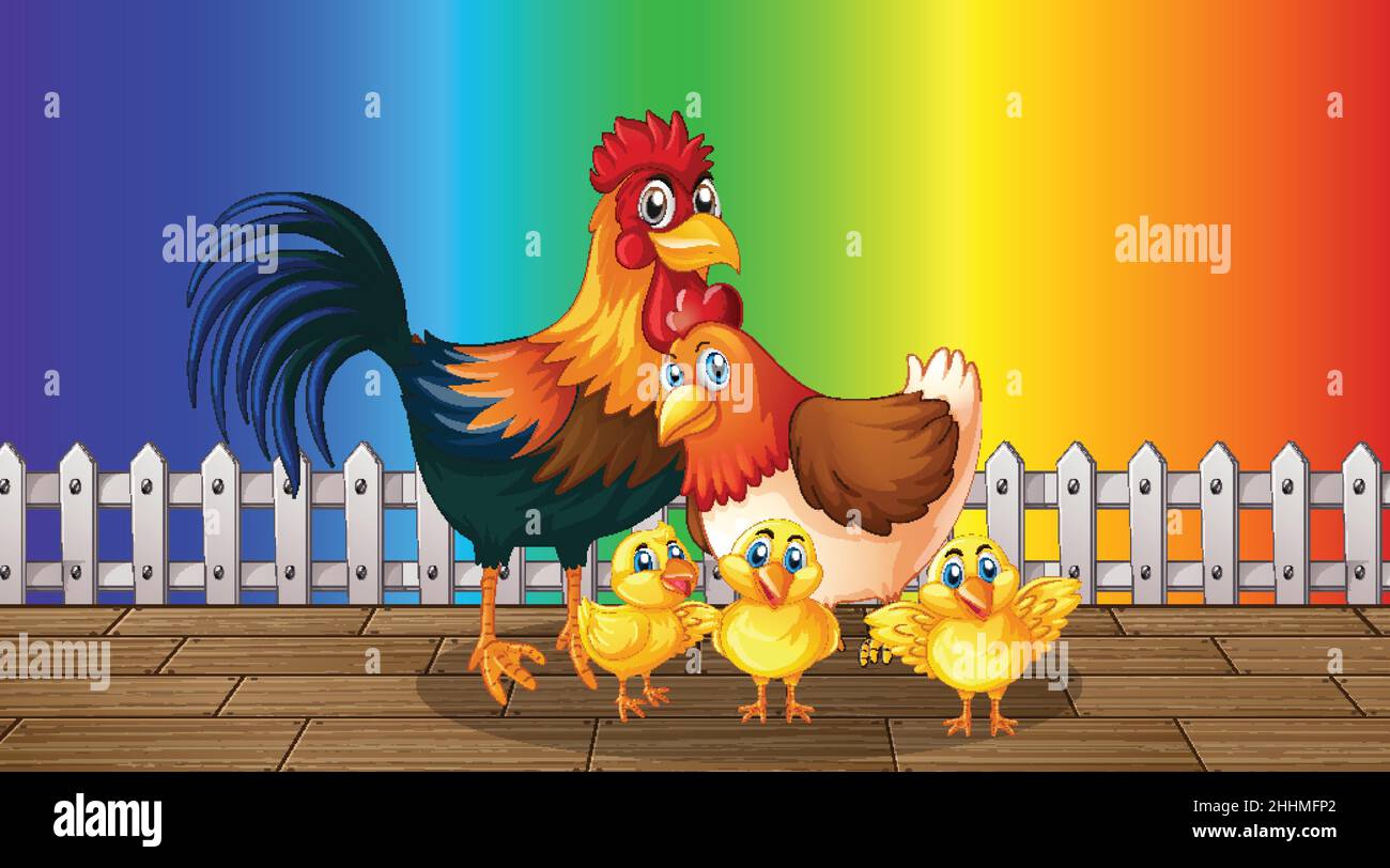 Many chickens cartoon character on rainbow gradient background ...