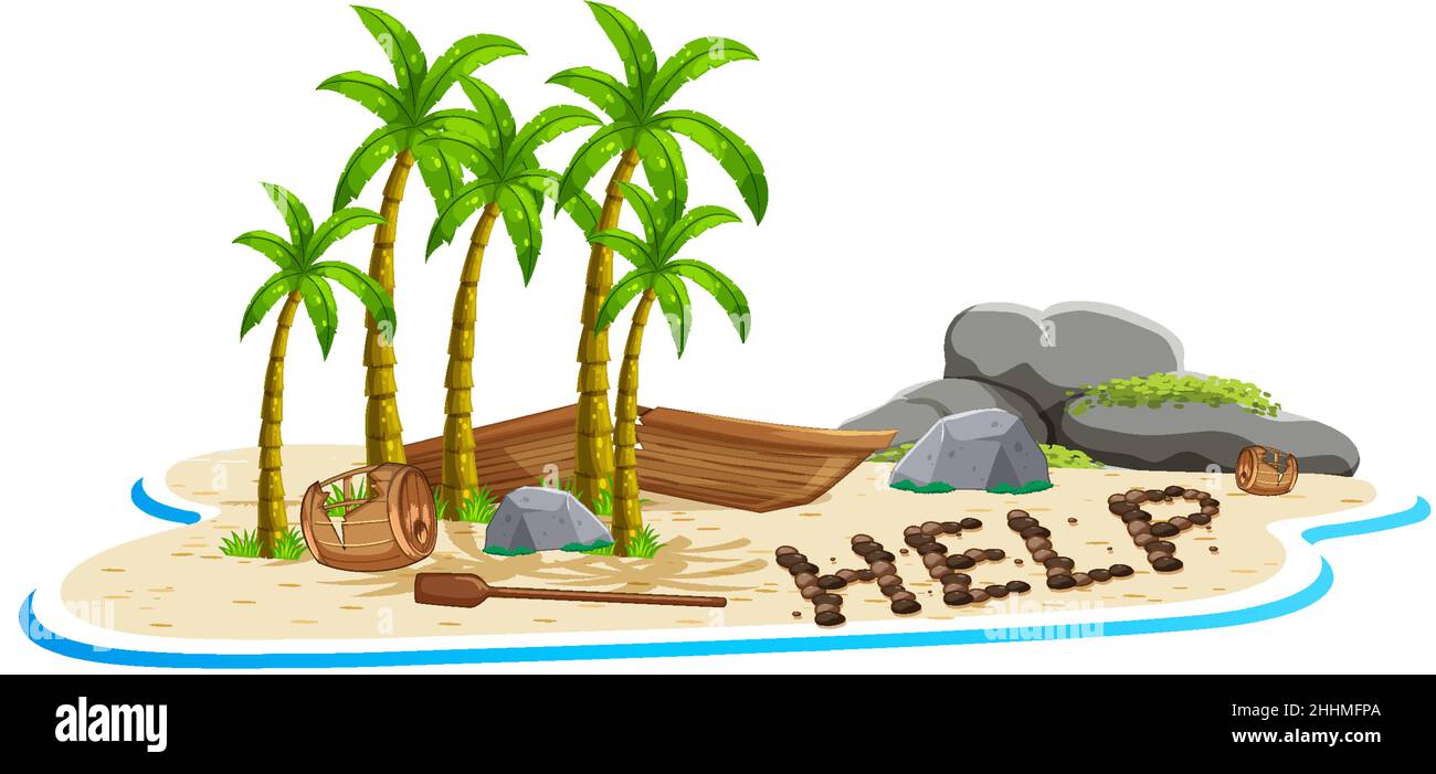 Deserted island with broken boat lying on the beach with help sign ...
