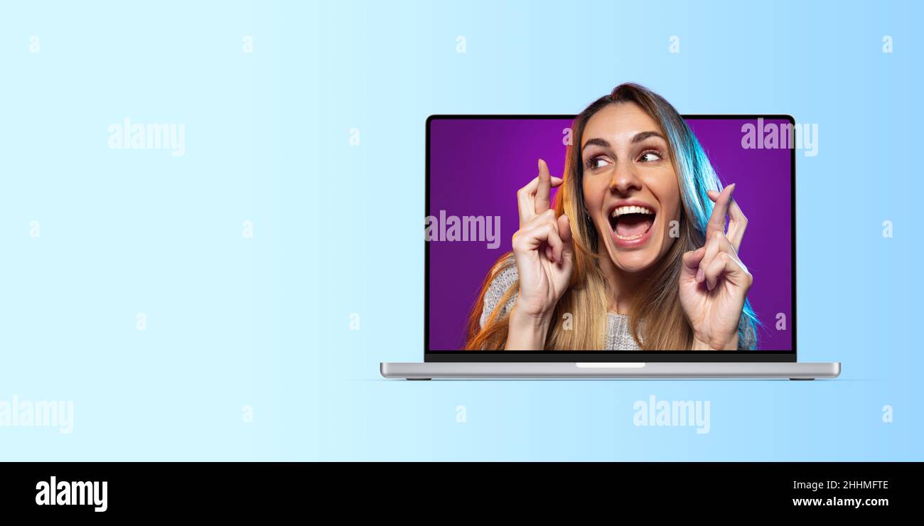 Creative collage. Excited woman sticking out laptop screen isolated ...