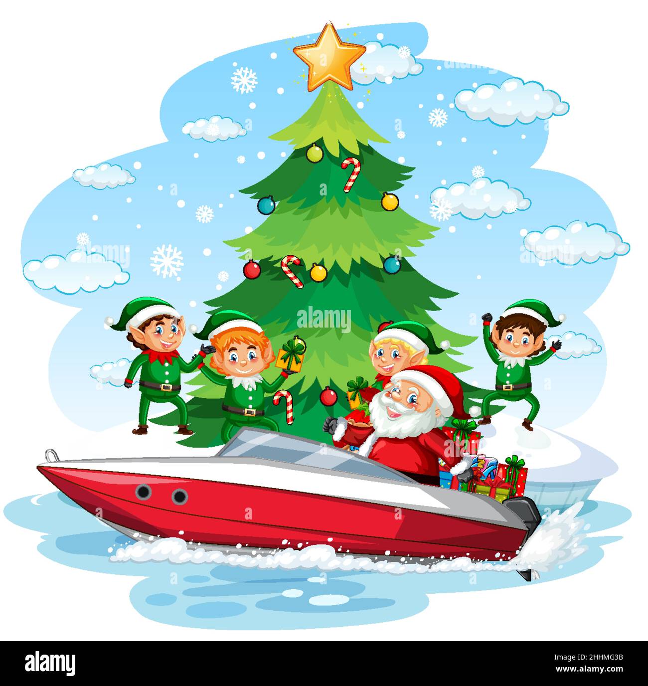 Santa Claus delivering gifts by boat illustration Stock Vector Image ...