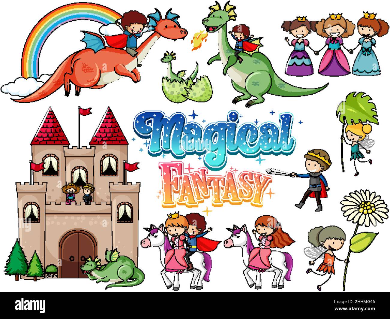 Set of dragons and fairy tale cartoon characters illustration Stock ...