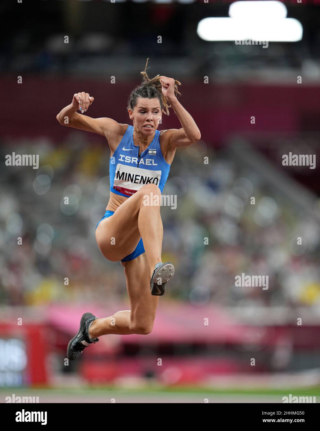 Hanna Minenko competing in the Triple Jump at the 2020 Tokyo Olympics ...