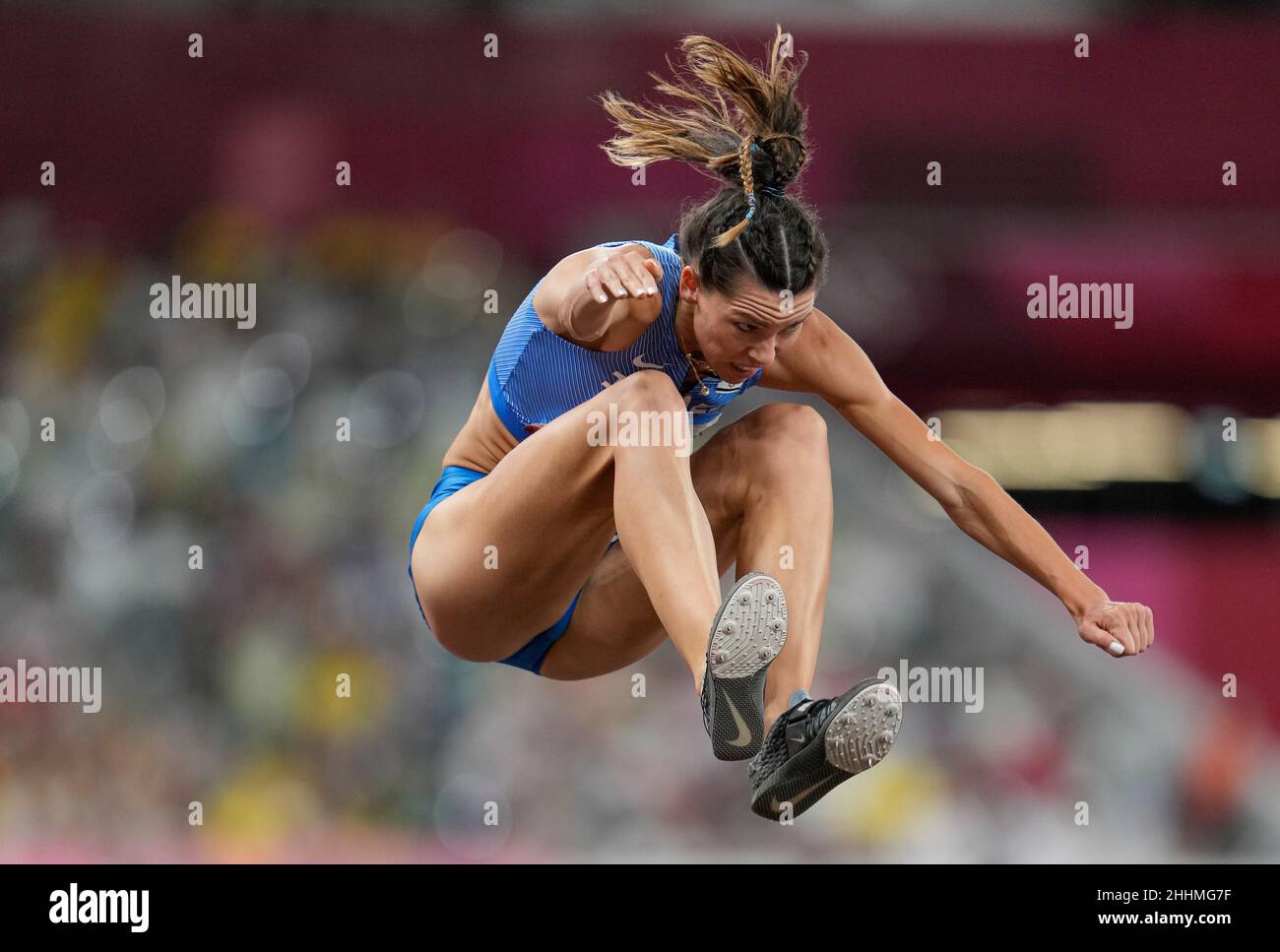 Hanna Minenko competing in the Triple Jump at the 2020 Tokyo Olympics ...