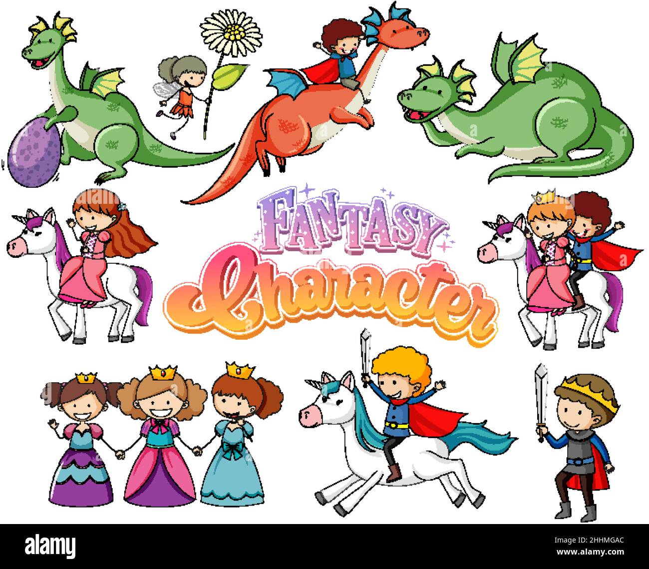 Set of dragons and fairy tale cartoon characters illustration Stock ...