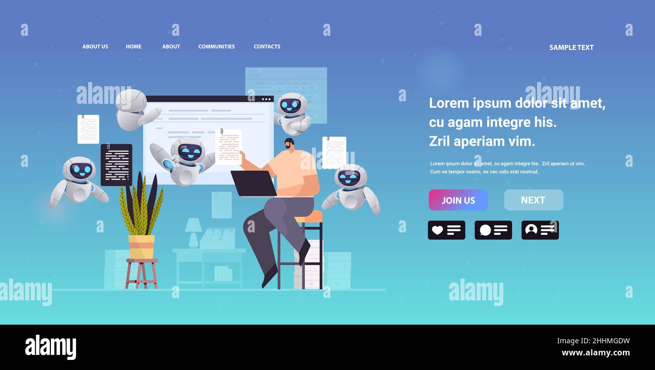 man and robots article editors writing publicity post journalist using ...