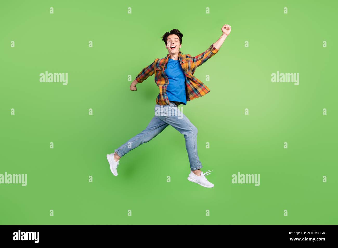 Full length profile photo of hooray brunet young guy jump wear shirt ...