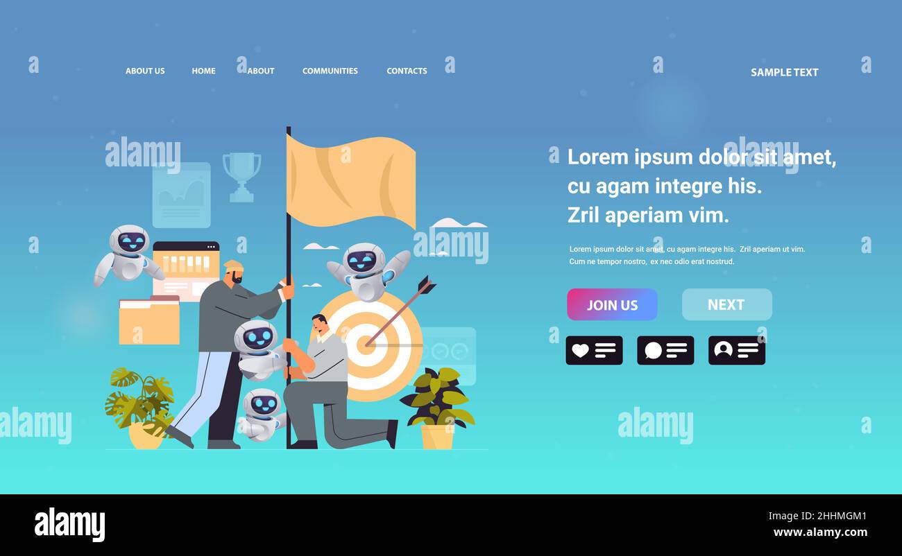 businesspeople with robots holding flag business competition challenge ...