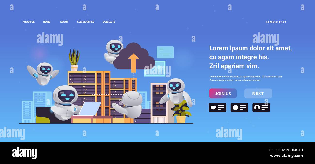 modern robots working in data center room hosting server computer monitoring information ...