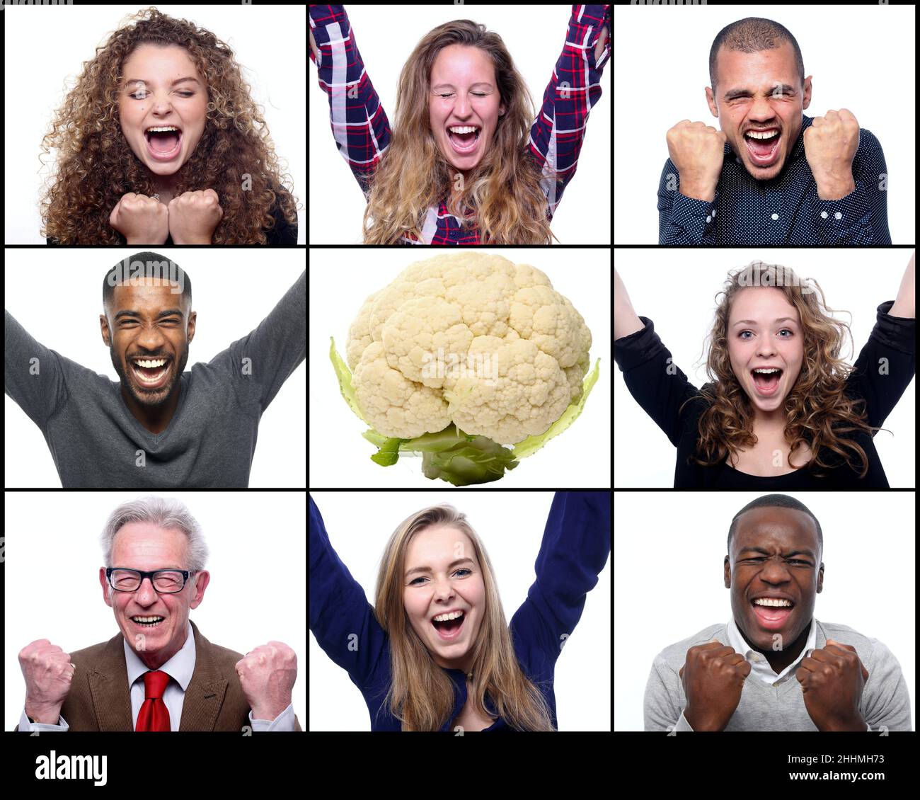 Cheerful people surrounded with healthy food Stock Photo - Alamy