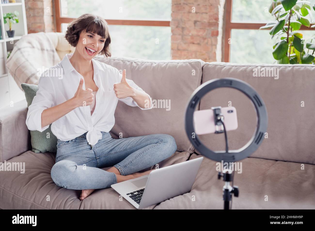 Full length body size photo female blogger making video streaming ...