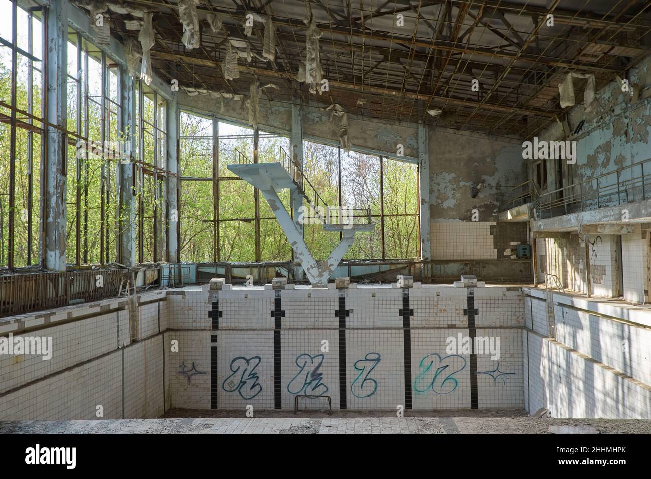 Former swimming pool in Pripyat, the ghost town in the Chernobyl ...