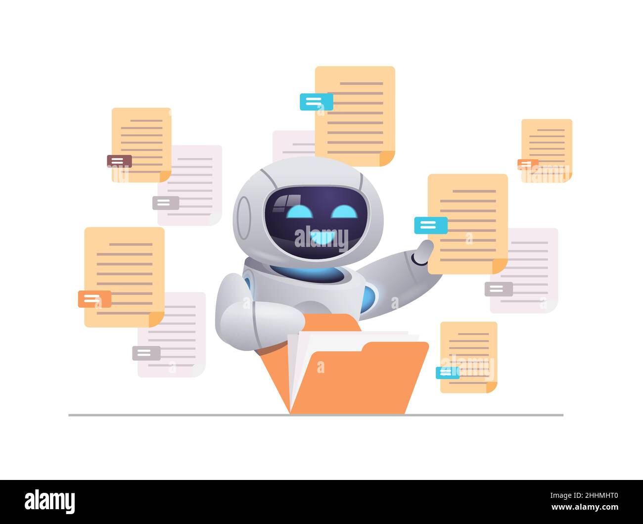 robot sorting documents robotic character organizing folder file management paperwork data ...